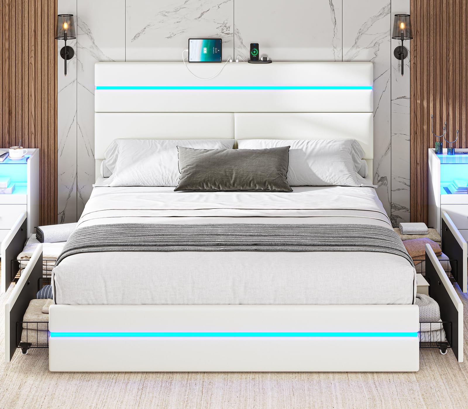 AOGLLATI Twin Bed Frames with 4 Storage Drawers & Headboard, Led Bed Frame Twin with Charging Station, Upholstered Twin Bed with Storage, No Box Spring Needed, White