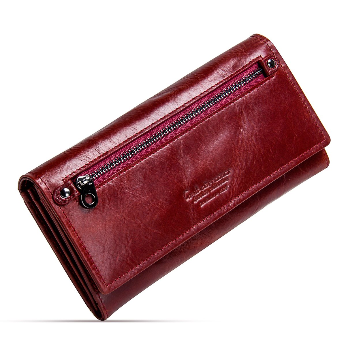 Contacts Women Real Leather Zipper Coin Clutch Purse Phone Wallet (Red)
