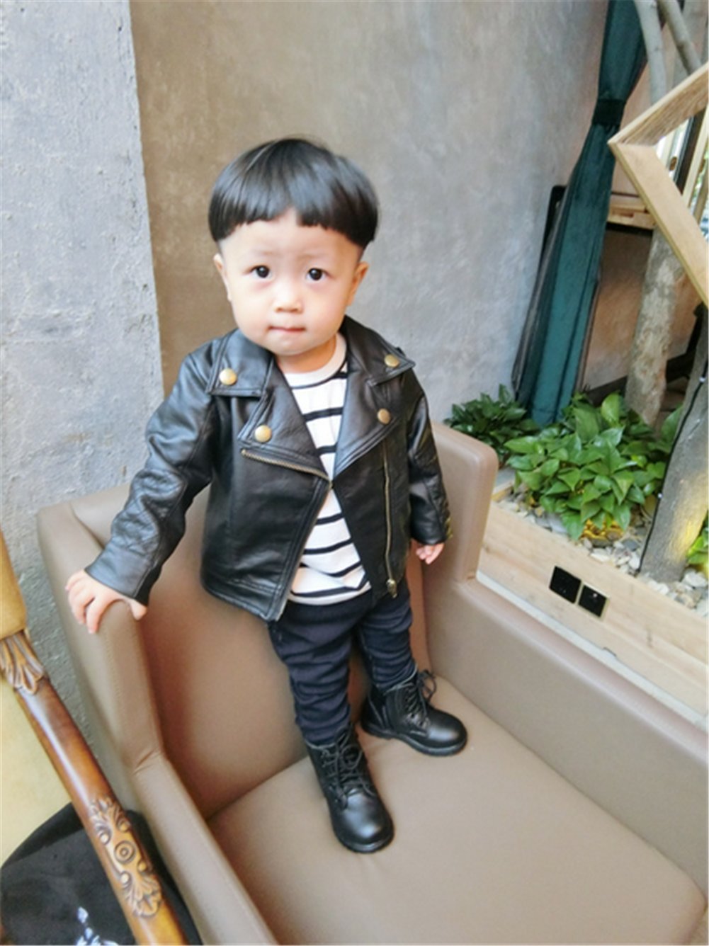 UNIQUEONE Baby Boys Girls Kids Outfits Spring Autumn PU Faux Leather Lapel Jacket Oblique Zipper Outerwear Coat size 6-12 Months/Tag5 (Black)