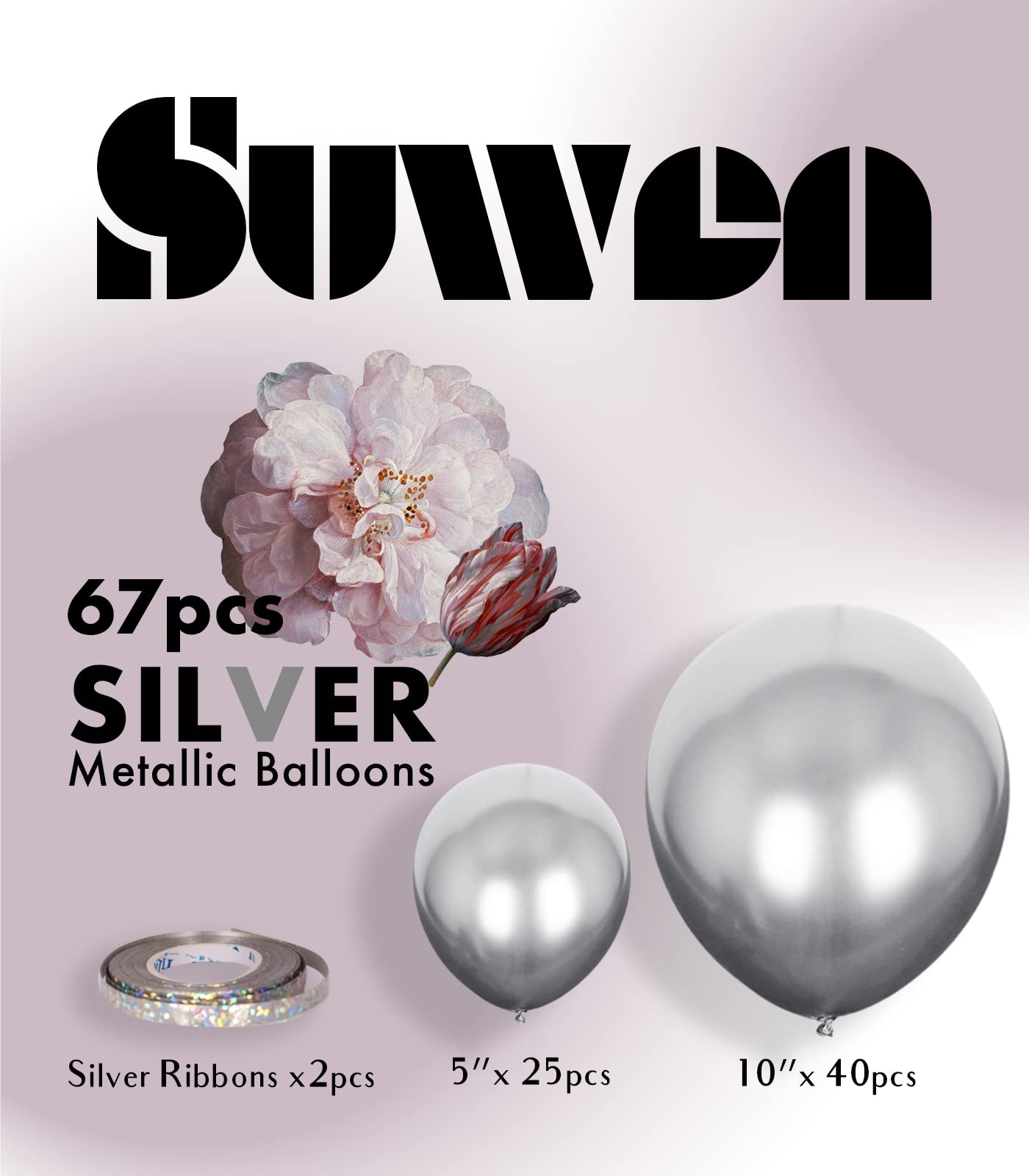 SUWEN Silver Metallic Balloons Kit 67PCS 10 Inch 5 Inch Different Sizes Latex Helium Shiny Chrome Silver Balloons for Birthday Graduation Anniversary Party Decorations