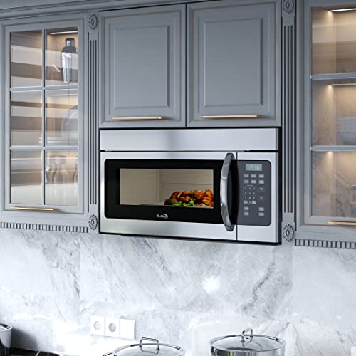 KoolMore KM-MOT-1SS 1.6 Cu. Ft. Over The Range Microwave Oven Lamp and 300CFM Recirculation Vent Hood, Auto Cook Menus, Reheat Function, 10 Power Levels, Timer, and Weight Defrost, Silver