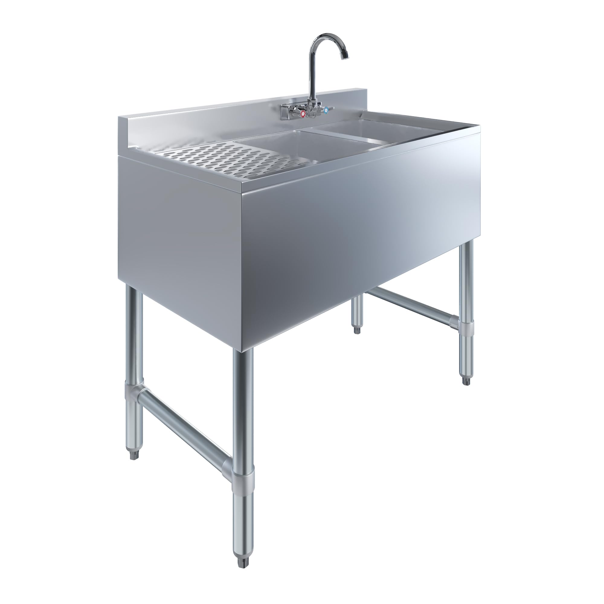 AmGood 2 Compartment Under Bar Sink With 12" Left Drainboard and Faucet - 36" X 18 3/4". NSF. Commercial Two Bowl Under Bar Sink