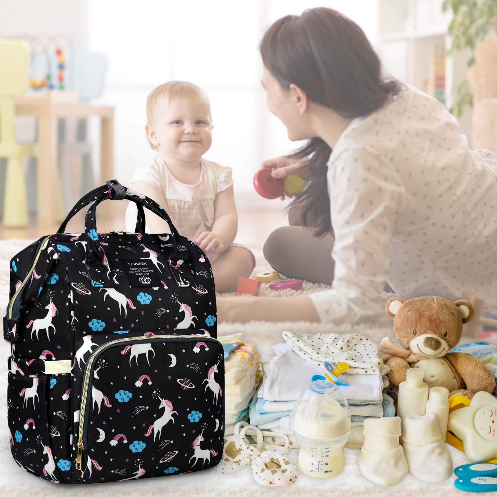 MIGER Diaper Bag Backpack Baby Girl Boy Diaper Bag Cute Maternity Nappy Diaper Backpack Waterproof Unicorn Diaper Bags with Large Capacity Bottle insulation for Mom Dad (Black)