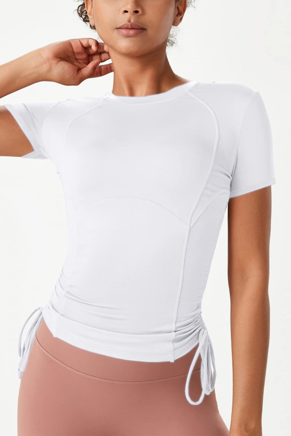 Almaree Workout Tops for Women Short Sleeve Yoga Top Womens Workout Shirts with Drawstring S
