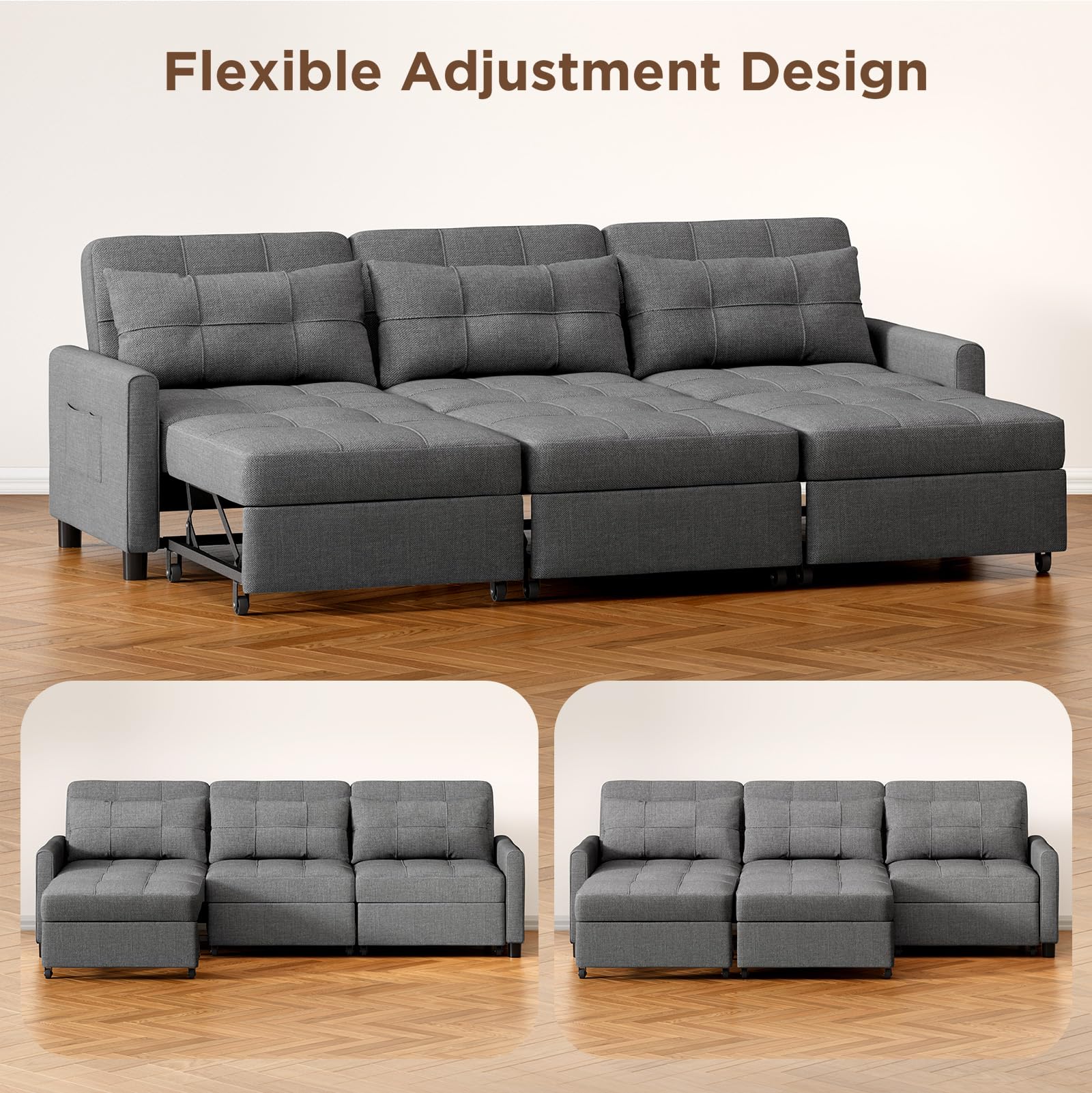 Aiho Convertible Sectional Sofa Bed, Sleeper Sofa Bed with Adjustment Backrest, 84" Pull Out Couch with Ottoman for Livingroom, Apartment, Dark Gray