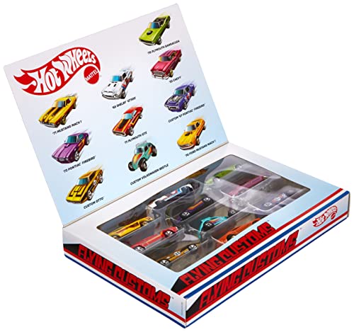 Hot Wheels Flying Customs 10-Pack of 1:64 Scale Throwback Vehicles with Retro-Style Package, Gift for Collectors & Kids 3 Years Old & Up