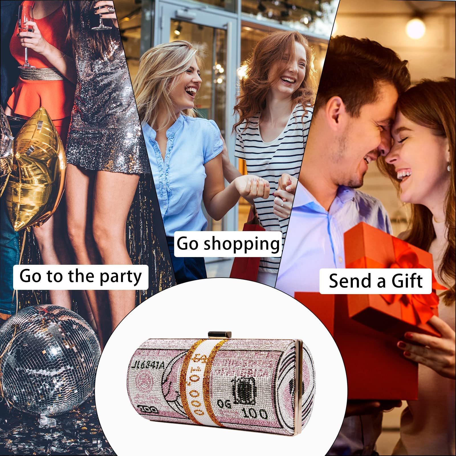 Gripit Rhinestone Clutch Purses for Women,Realistic Money Bag Purses for Party Diamond Novelty Purse Evening Handbag with Metal Chain,Pink