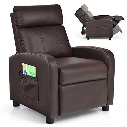 Costzon Kids Recliner, Adjustable PU Leather Lounge Chair w/Side Pockets, Footrest, Headrest for Kids Room & Play Room, Easy to Clean, Padded Recliner Sofa for Children Boys Girls Aged 3-12 (Brown)