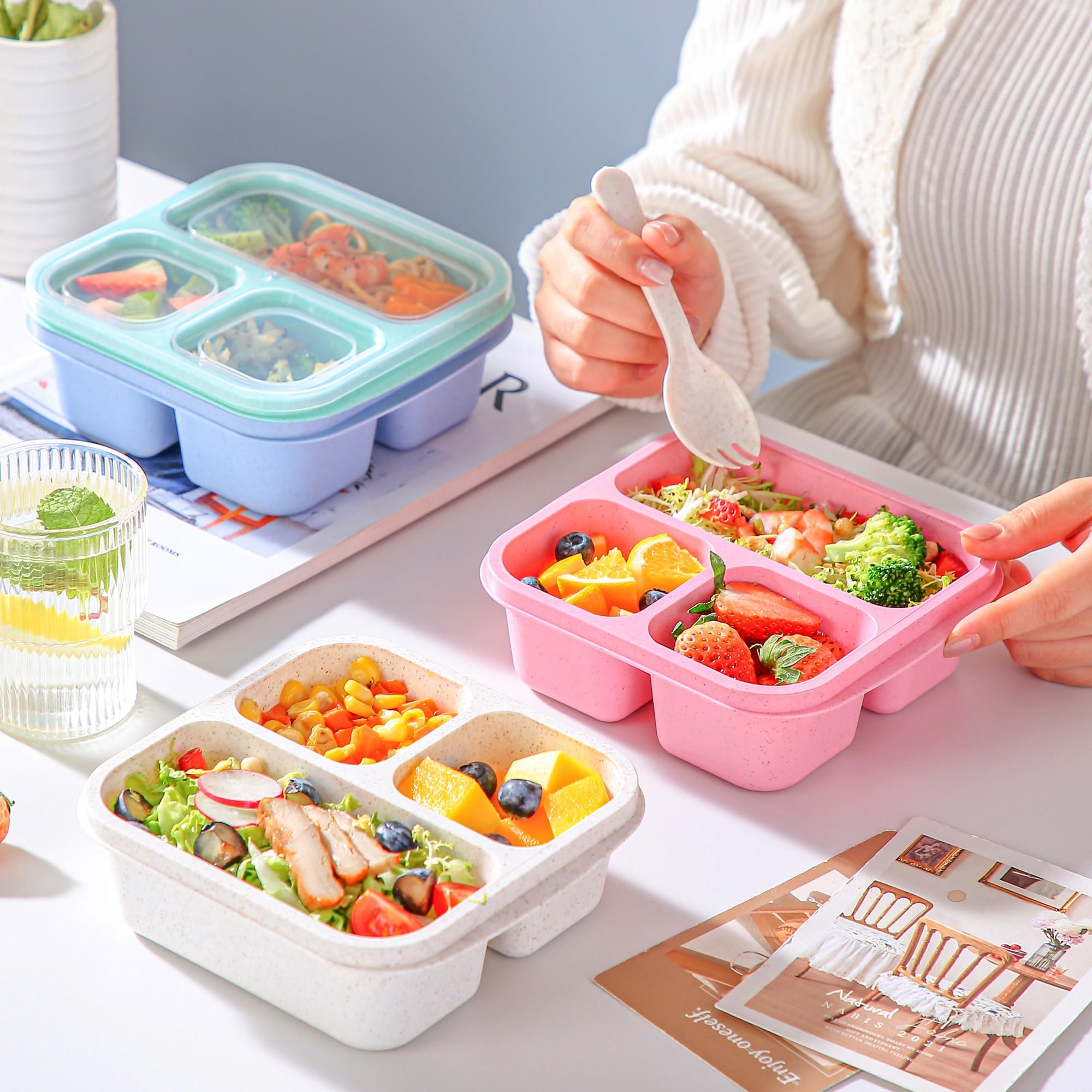 Bento Box For Kids, 4 Pack 3 Compartments Meal Prep Containers Reusable Lunch Containers, Food Storage Containers With Lids, Stackable Snack Boxes for School, Work, and Travel