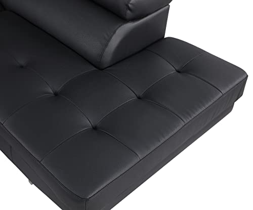BlackJack Furniture Union Modern Faux Leather Sofa with Adjustable Headrests, Chaise, Elegant Tufted Seat, High-Density Foam and Stainless Steel Legs, Left Facing Sectional, Black