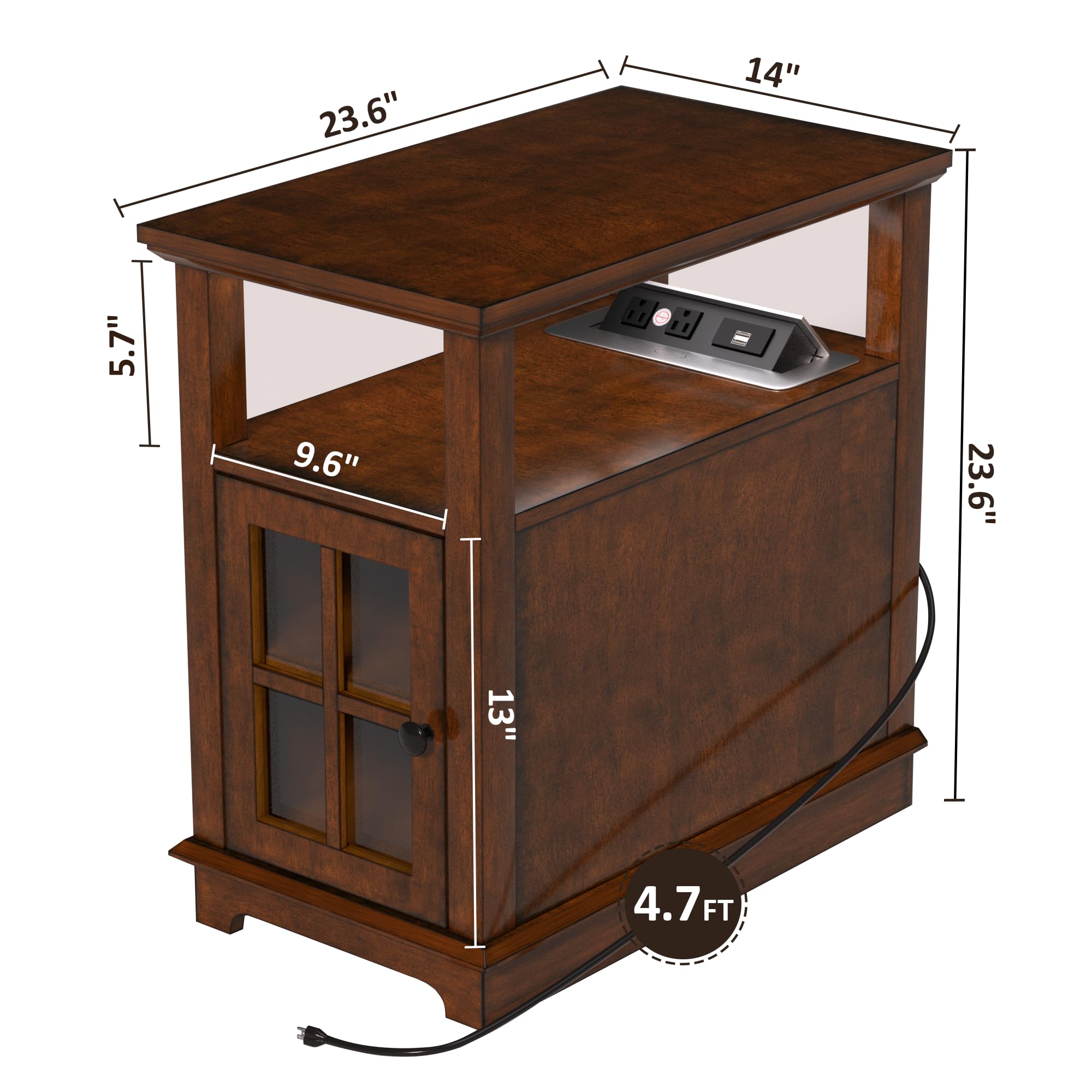 HIFYOBRO End Table with Hidden Charging Station, Narrow Side Table with Storage, Nightstand for Small Spaces with USB Ports & Power Outlets Bedside Table-Cherry