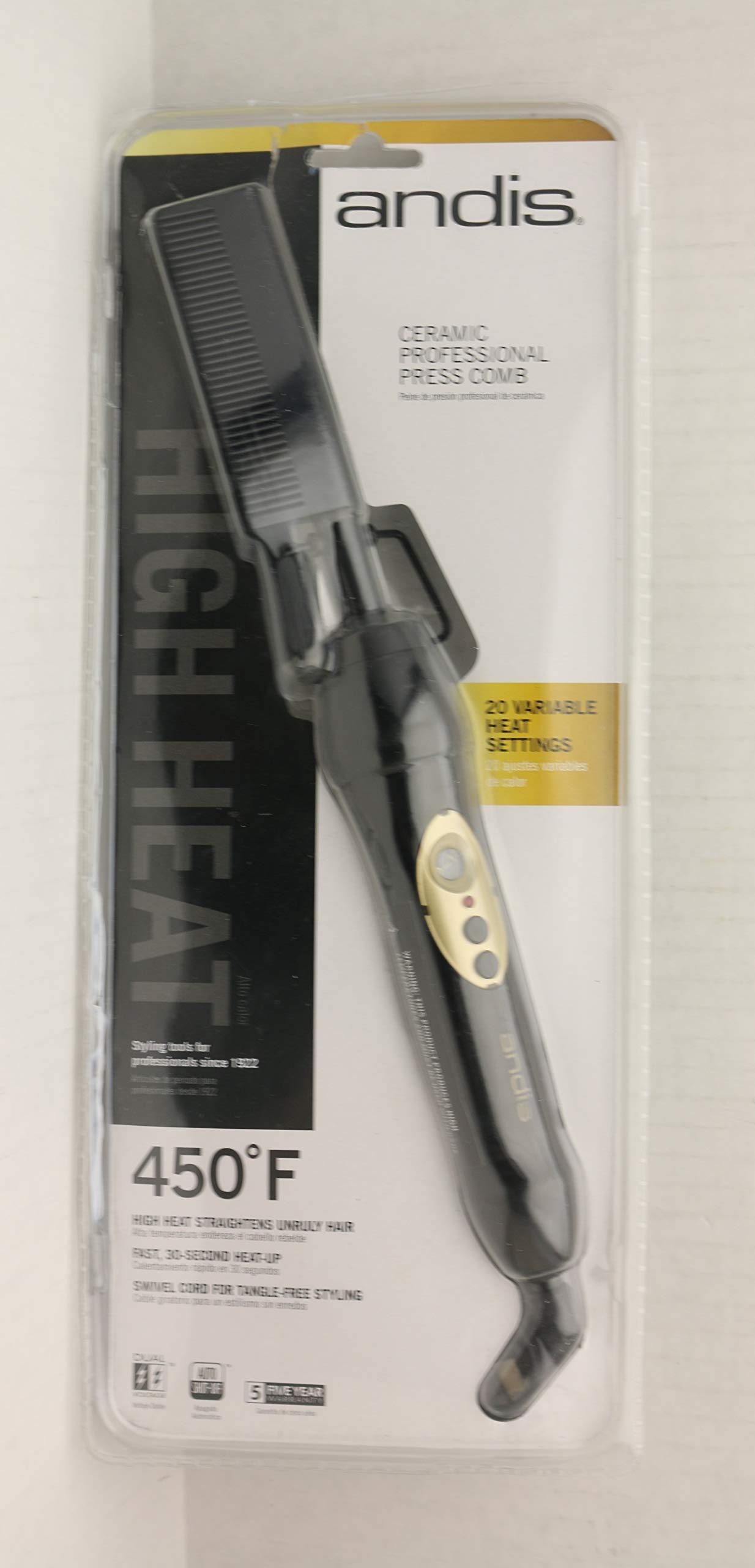 Andis 38330 Professional Heat Ceramic Press Comb for Hair, Straightener - Dual Voltage - 20 Adjustable Heat-Settings, 30 Min Auto Shut-off, Black