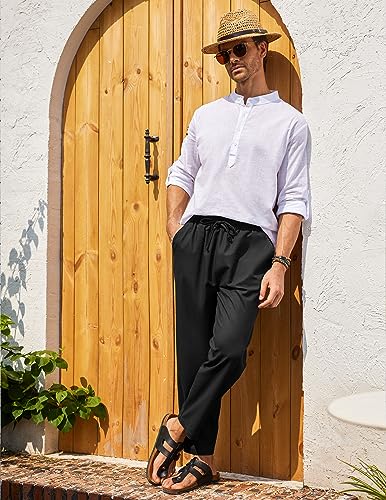 COOFANDY Mens Linen Pants Lightweight Casual Trousers Elastic Waist Yoga Beach Hippie Summer Pants Black