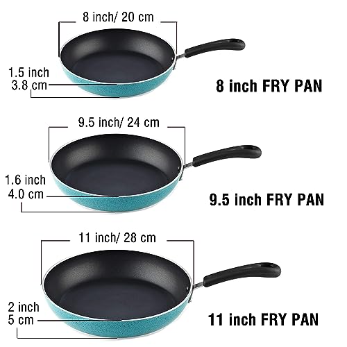 Cook N Home Nonstick Saute Fry Pan Set, 8, 9.5, and 11-Inch Kitchen Cooking Frying Saute Pan Skillet, Induction Compatible, Turquoise, 3-Piece