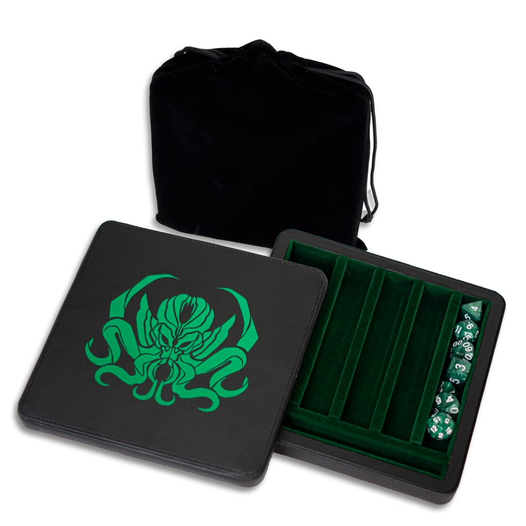 Guarida Dice - 7" Rolling Dice Tray with Strong Magnetic Lid and Rolling Surface - Ample Storage and Case Organizer for All Your Dice and Minis! Perfect for DND or Any Dice RPG Games - Green Cthulhu