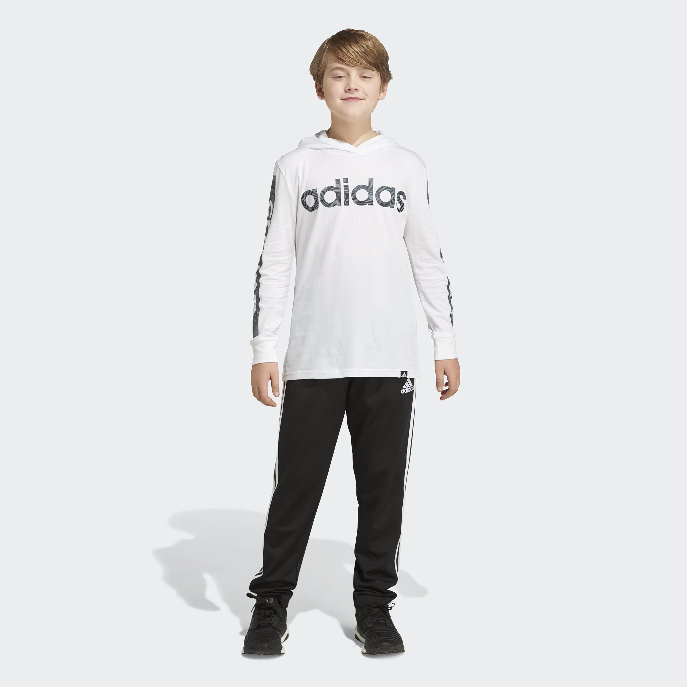 adidas boys Long Sleeve Linear Camo Hooded Tee T Shirt, White, Large US
