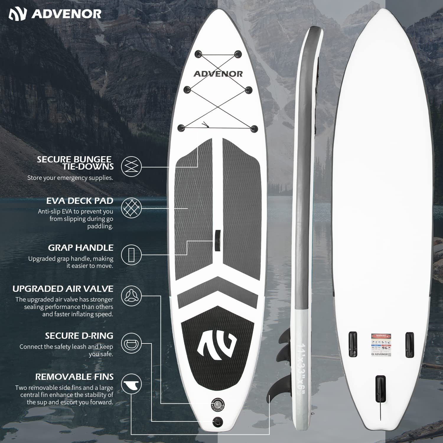 ADVENOR Paddle Board 11'x33 x6 Extra Wide Inflatable Stand Up Paddle Board with Hand Pump,Leash, Adjustable SUP Paddle/Kayak Paddle,Kayak Seat, 2 Fishing Mounts for Family and Fishing
