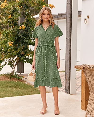 BTFBM Elegant Short Sleeve V Neck Swiss Dot Midi Summer Dresses for Women 2023 Boho Ruffle Long Dresses Ruffle Cocktail Dress(Solid Green,X-Large