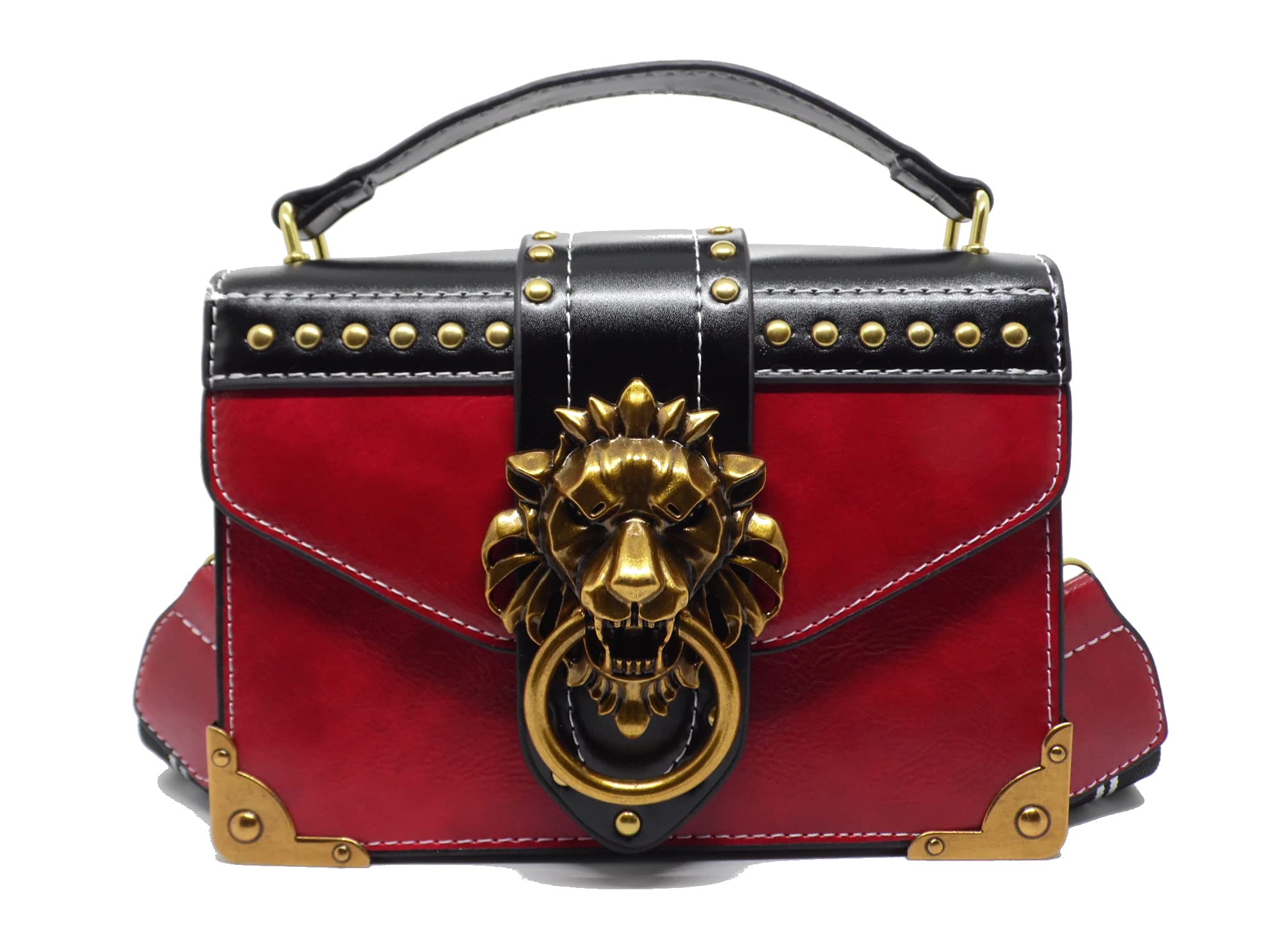 Women Vegan Faux Leather Regal Design Lion Head Handbag Crossbody Purse Bag (Red)