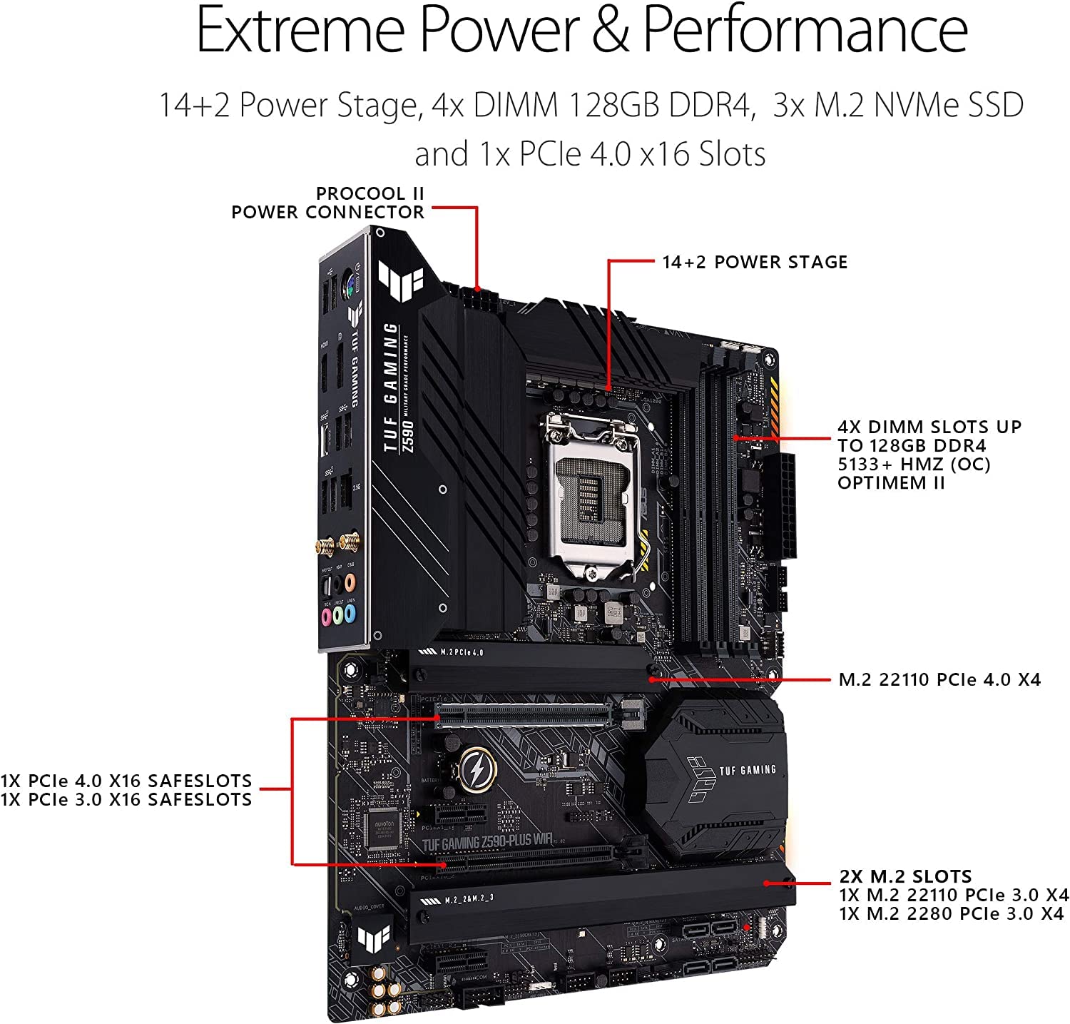 Asus TUF Gaming Z590-Plus WiFi 6 Socket LGA 1200 ATX Motherboard, Intel 11th/10th Gen Processors, 4 x DIMM 128GB DDR4, 14+2 Power Stage, USB 3.2, Bluetooth 5.1, Windows 10, Black, with MTC HDMI Cable