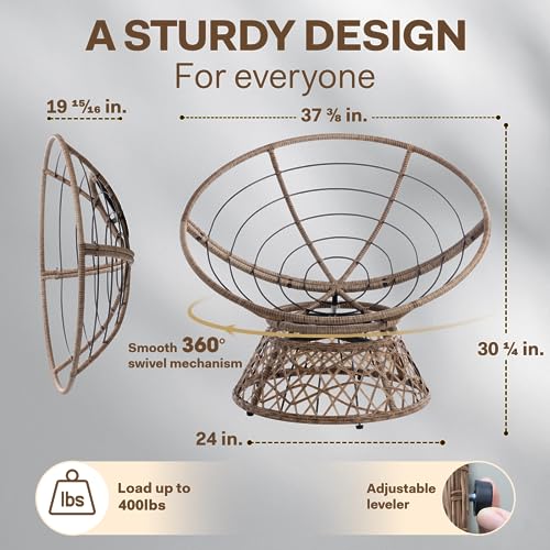 Bme Ergonomic Wicker Papasan Chair with Soft Thick Density Fabric Cushion, High Capacity Steel Frame, 360 Degree Swivel for Living, Bedroom, Reading Room, Lounge, Sepia Sand - Brown Base