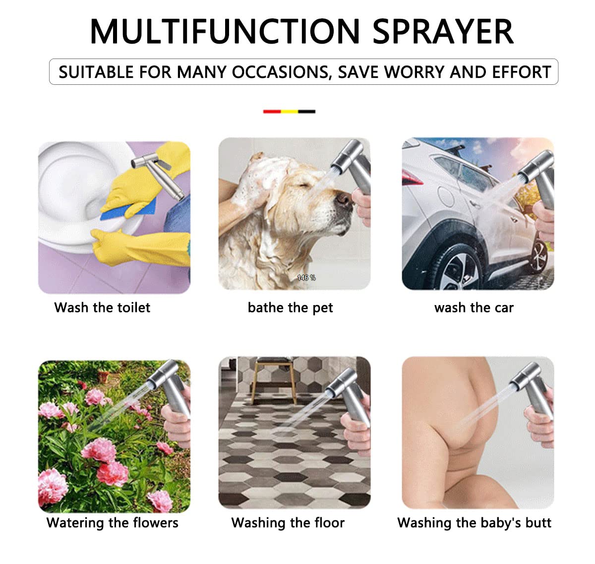 BlitzBite Handheld Bidet Sprayer,Toilet or Wall Mounted leaking Hose, Multi-function Shower 304 Stainless Steel Material with Bidet Hose Feminine Wash, for Baby Pets Wash, Silver