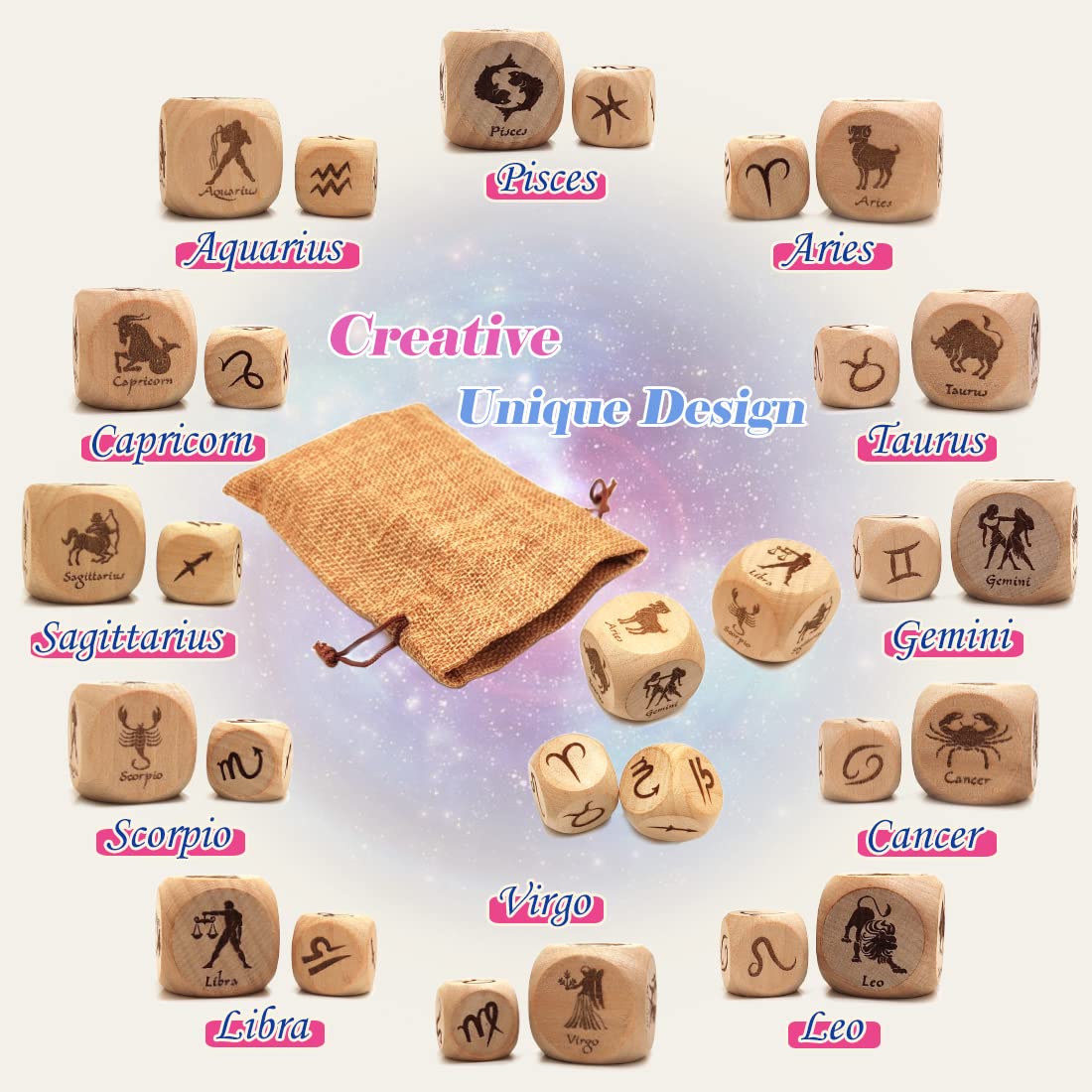 Hometu 2 Pairs/Set Zodiac Constellation Dice Set - 2Pcs 20MM + 2Pcs 30MM Engraved Wooden Astrological Dices for Divination Accessory (V1(20MM)+V1(30MM)), Wood