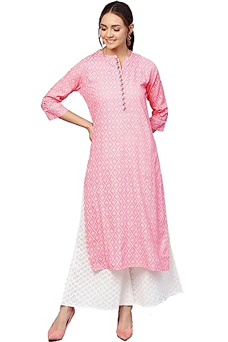 Chandrakala Women's Rayon Cotton,Printed kurti 3/4th Sleeve Straight Kurti Palazzo Set,X-Large,Pink (K227PIN4)