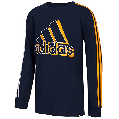 adidas Boys' Long Sleeve Split 3-Stripes Tee, Collegiate Navy with Semi Solar Gold, X-Large (18/20)
