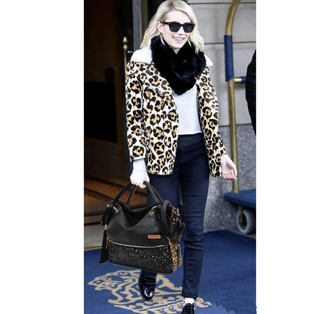 Cayla Women Leopard Print Shoulder Bag Totobag Large Hobo Purse with Tassel (Black)