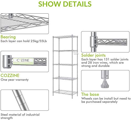 Cozzine 5 Tier Storage Shelves, Adjustable Storage Shelves 21"x 11"x 59" Heavy Duty Steel Tube Wire Shelving Unit (Silver)