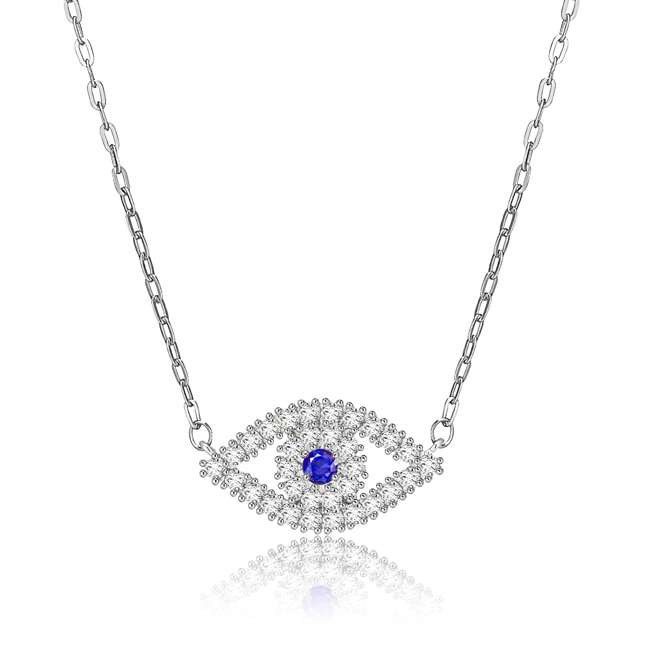 Apsvo Silver Anti Evil Eye Necklace for Women, Cubic Zirconia Dainty Third Eye Pendant Chain Simple Ojo Trendy Jewelry Protection Valentines Day Gifts for Her