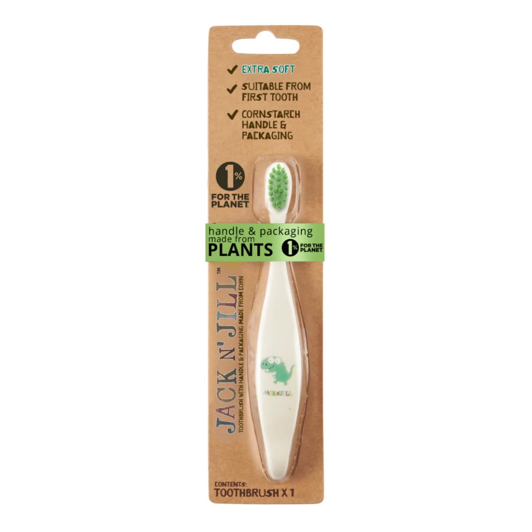 Jack N' Jill Kids Toothbrush - Extra Soft Bristle Toothbrush for Kids, Handle & Packaging Made from Plants (Corn), Ergonomic Handle for Little Hands - Dino Baby, Toddler, & Kids Toothbrush (2 Pack)