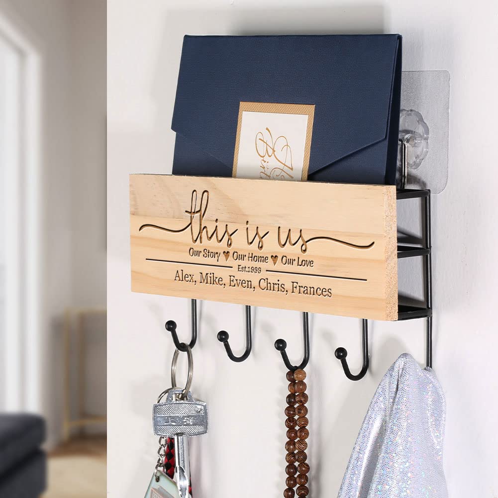 Personalized Wall Mounted Key Holder for The Home, Custom Wooden Key Rack for Wall with Iron Storage Basket, Engraved Your Family Last Name Key Hanger Gift for Wedding Housewarming