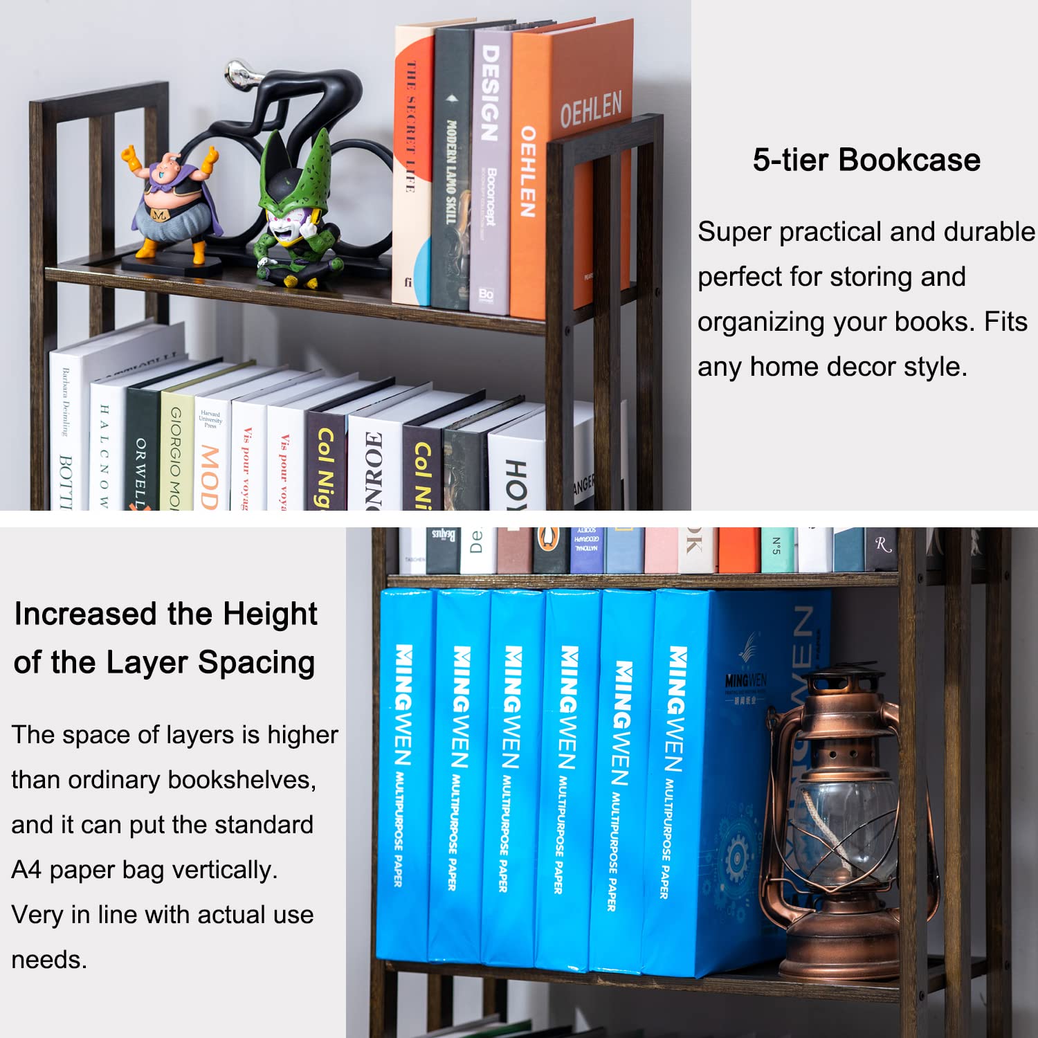 COPREE 5 Tier Rolling Bookcase, Bamboo 360 Rotating Bookshelf, Freestanding Storage Organizer Holder Book Rack with Wheels for Bedroom, Living Room Home and Office