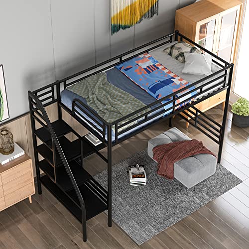 GLORHOME Metal Twin Size Loft Bed with Long Desk & Safety Stairway,Space-Saving Kids Loftbed Frame for Kids Teens Children, No Box Spring Needed, Black