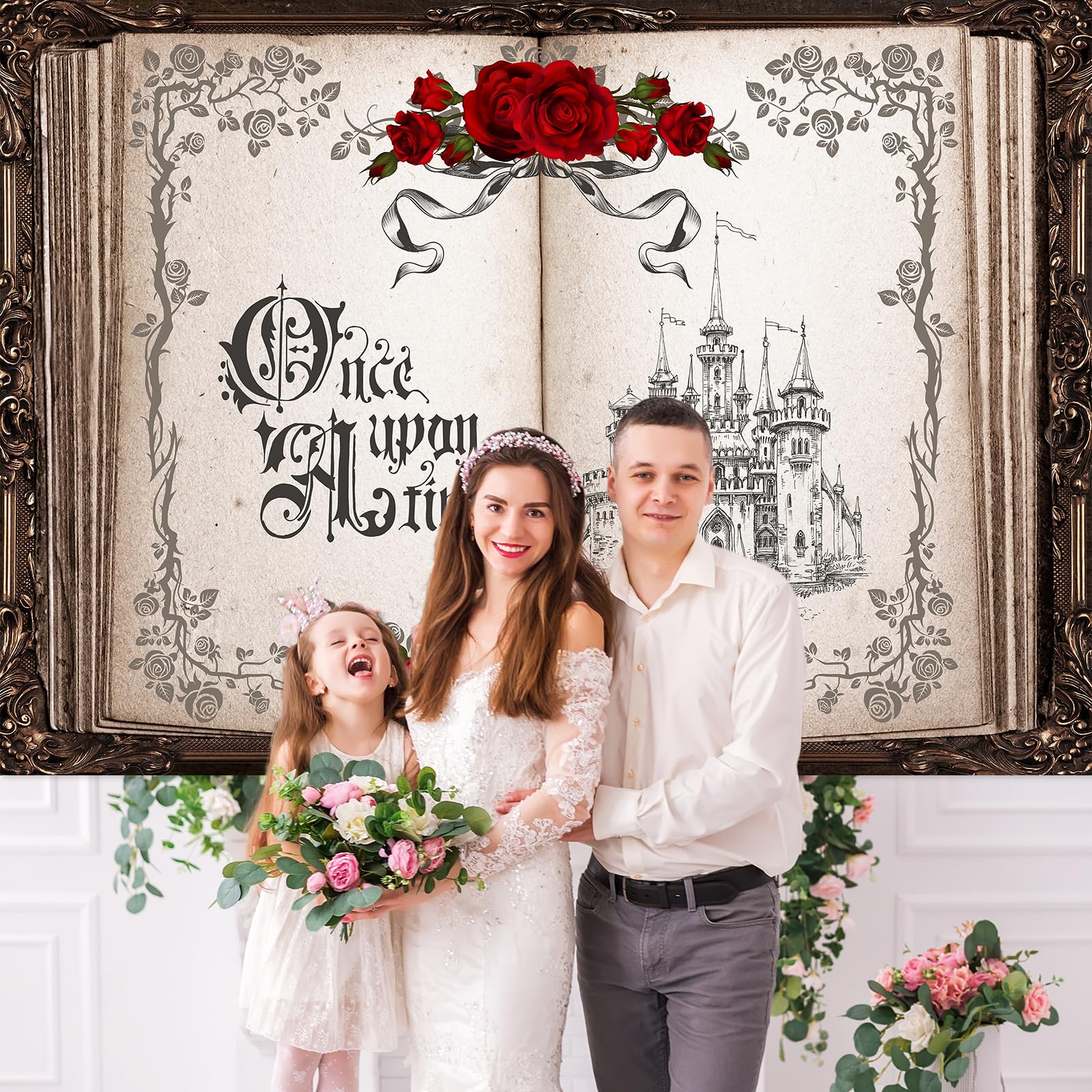 Mocsicka Once Upon a Time Backdrop Princess Castle Wedding Party Background Fairytale Book Red Roses Bridal Shower Party Cake Table Decoration Photo Booth Props (7x5ft)