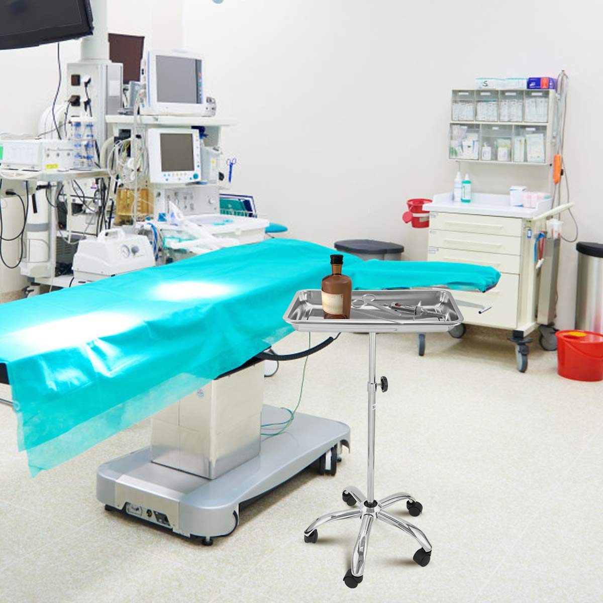 Konmee Upgraded Mayo Instrument Stand with Mobile 5 Caster Base Mobile Medical Doctor Tattoo Spa Salon Service Instrument Procedure Trays with Lift Out Work Tray