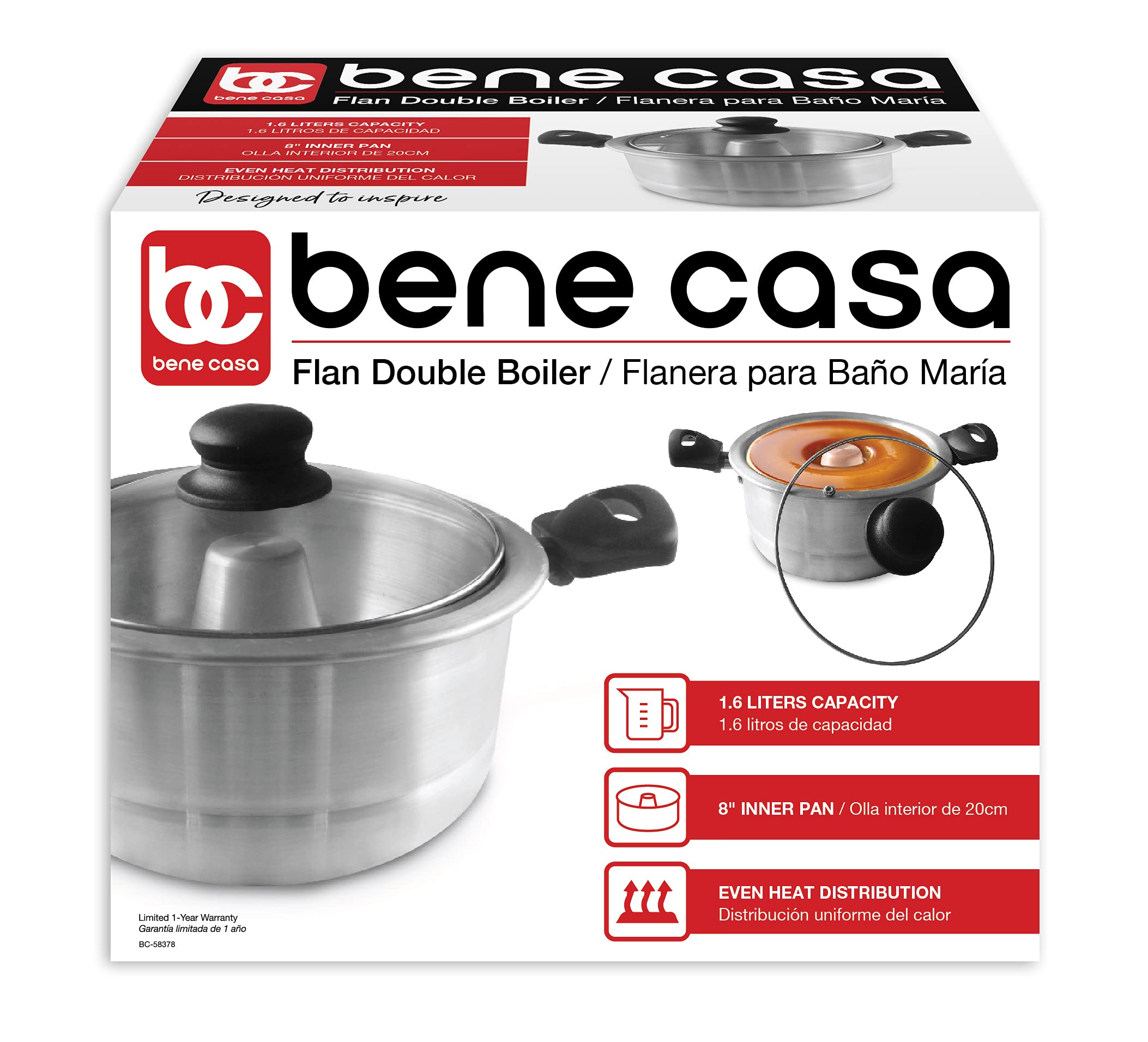 Bene Casa - Aluminum Flan Mold Double Boiler with Glass Lid (1.6 Liter) - Includes Aluminum Inner Pan (8") - Dishwasher Safe