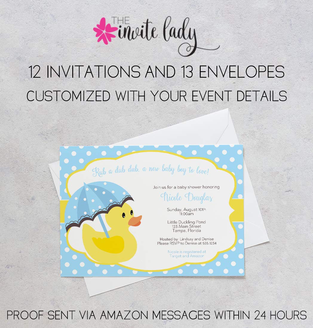 Rubber Ducky Baby Shower Invitations Duck Theme Customizable Invitations For Boy Polka Dots Blue Yellow Sprinkle Personalized (12 Count)