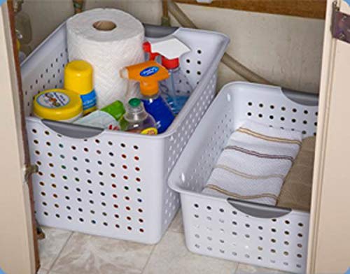 Sterilite Deep Ultra Plastic Multipurpose Storage Bin Home and Office Organizer Basket with Carrying Handles, White (18 Pack)