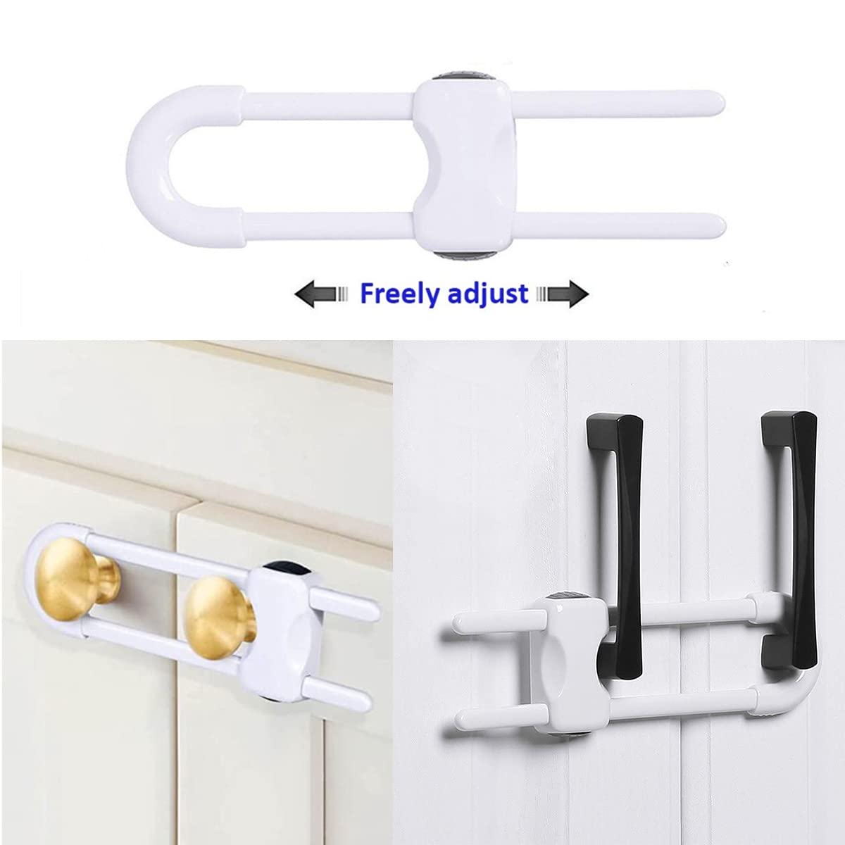 Baby Proofing Sliding Cabinet Locks - 4 Pack Adjustable U Shaped Child Safety Locks,Childproof Latches for Kitchen Bathroom Storage Cupboards Doors, Handles and Knobs (White)