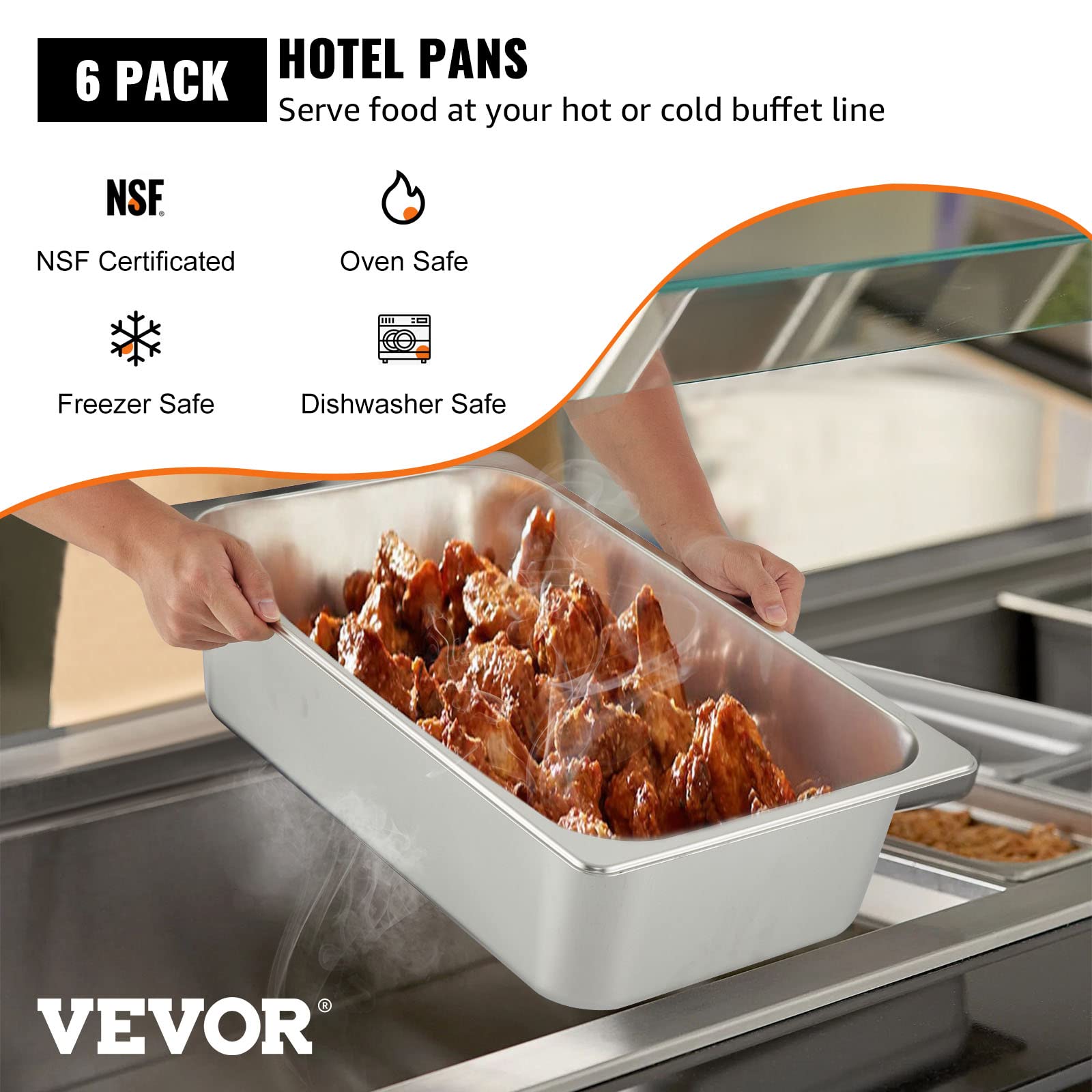 Vevor Hotel Pan Full Size 6-Inch, Steam Table Pan 6 Pack, 22 Gauge/0.8mm Thick Stainless Steel Full Size Hotel Pan Anti Jam Steam Table Pan : Industrial & Scientific