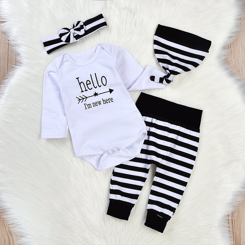 Newborn 4pcs Set Outfit Striped Hoodie with Romper Jumpsuit+ Striped Long Pants and Hat (0-3Months, Long Sleeve)