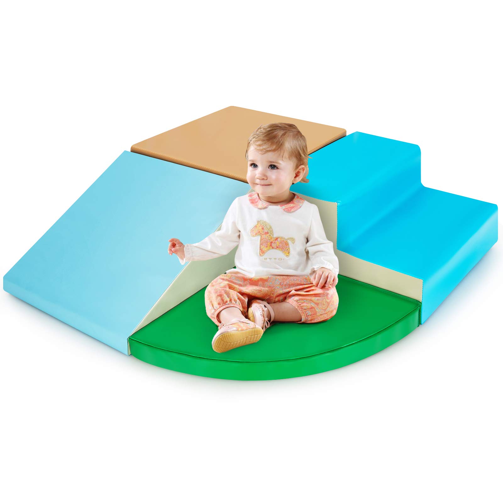 Costzon Climb and Crawl Foam Play Set, 4-Piece Soft Toddler Corner Climber Indoor Active Play Structure for Babies & Toddlers, Great for Climbing, Sliding and Physical Activity (Blue + Green + Coffee)