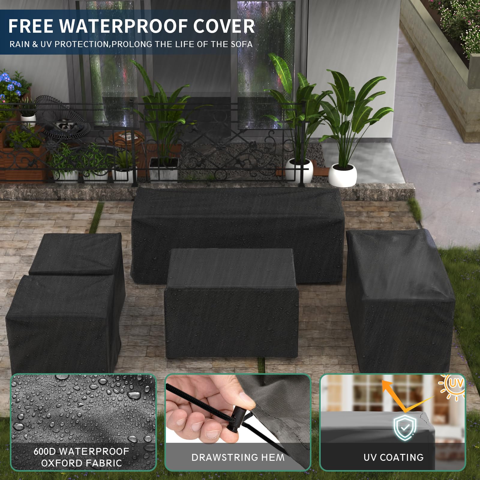 Amopatio Patio Furniture Set with Fire Pit Table, 8 Pcs Aluminum Outdoor Sectional Metal Modern Patio Sofa Sets, 44" Gas Fire Pit Conversation Set for Yard(Included Waterproof Covers)
