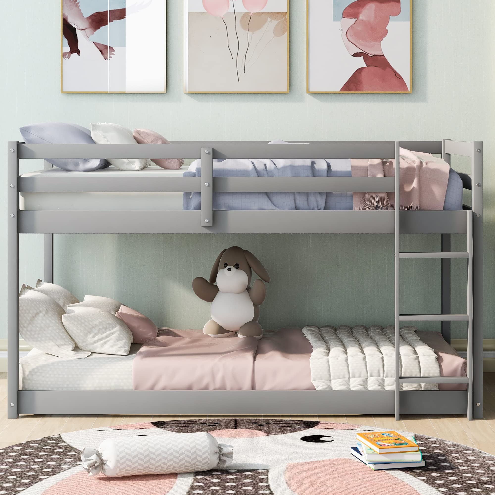 MWrouqfur Twin Over Twin Bunk Bed with Ladder & Safety Guardrails,Solid Pinewood Bedframe,Low Floor BunkBed for Boys and Girls Bedroom,Space Saving,No Box Spring Needed (Gray)