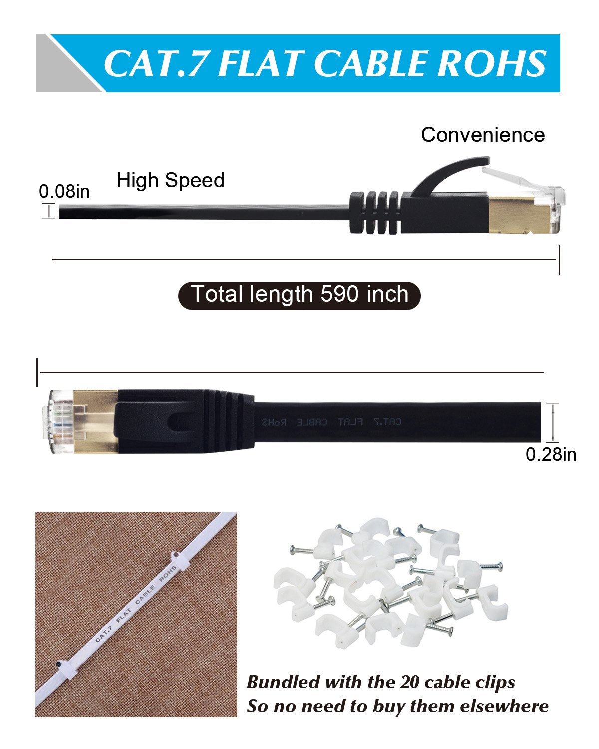 MATEIN Cat7 Ethernet Cable, 50 Ft Network Cable Fit for Xbox PS4, High Speed Flat Internet Cord Compatible with Clips Rj45 Connector Computer LAN Wire Fit for Gaming, Ethernet Switch, Router, Coupler