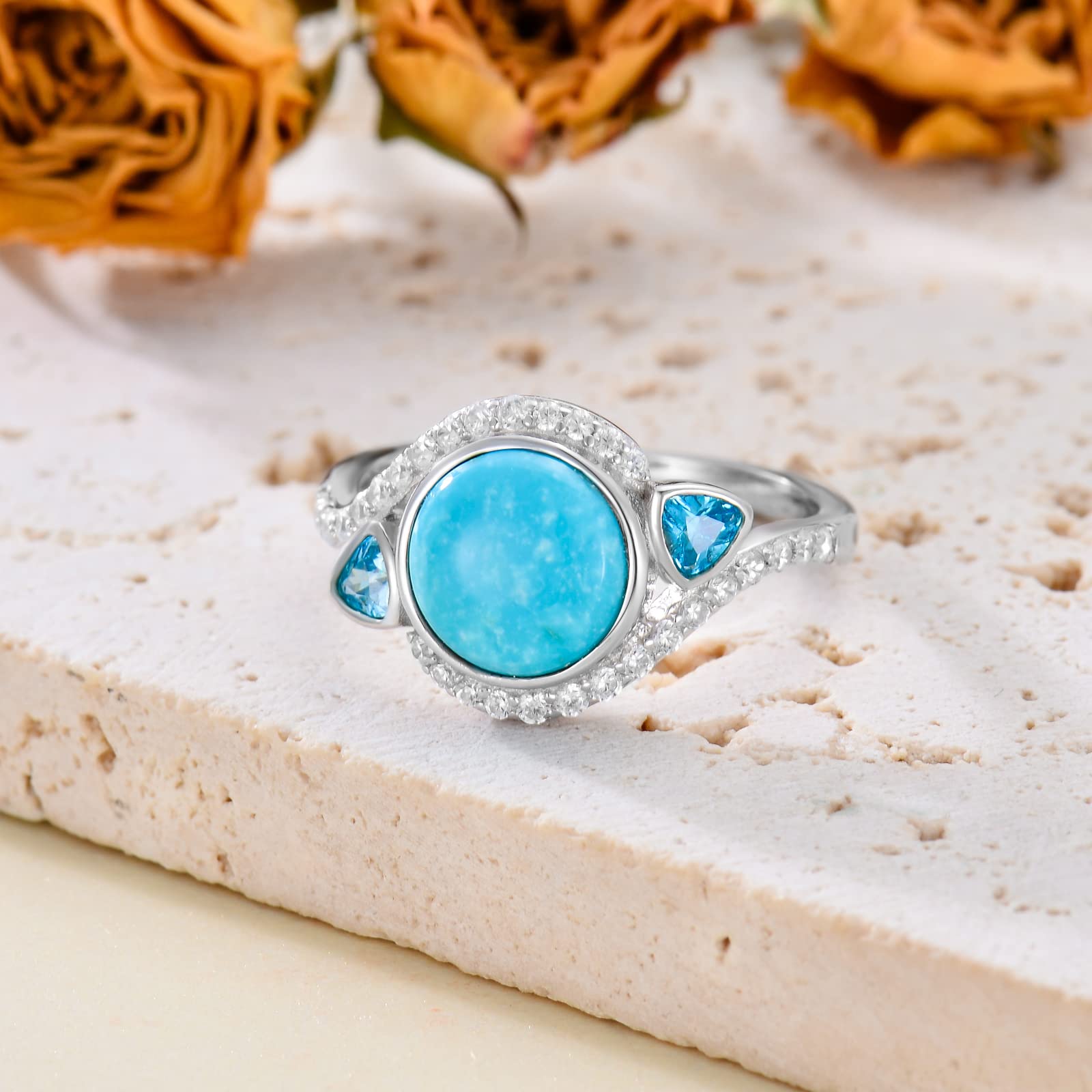 Althum Turquoise Ring 925 Sterling Silver Natural Turquoise Round Shaped Blue Ring for Women Size 8