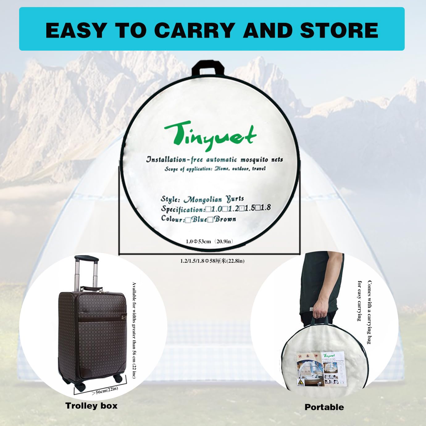 Tinyuet Mosquito Net for Bed, Portable Double Door Pop-up Mosquito Netting with Net Bottom, 59x78.7in Bed Tent for Indoor and Outdoor Use, Insect Screen - Brown Edge